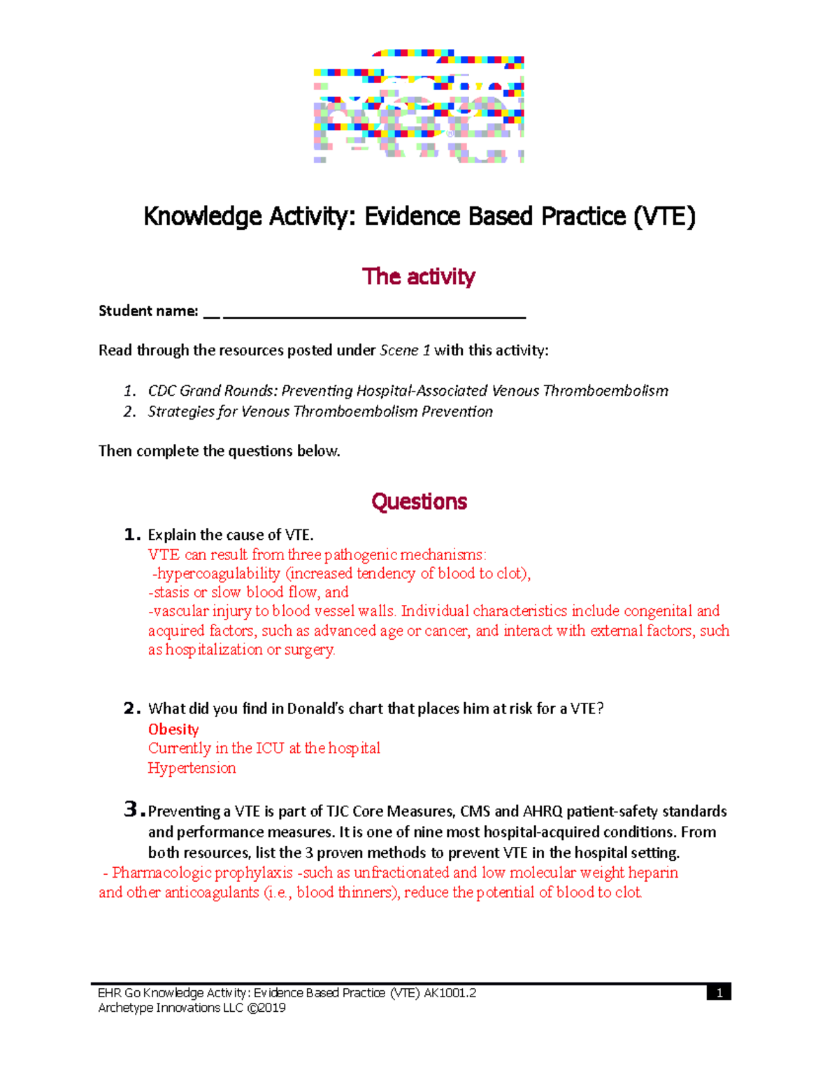 (VTE) - Knowledge Activity: Evidence Based Practice (VTE) The activity ...