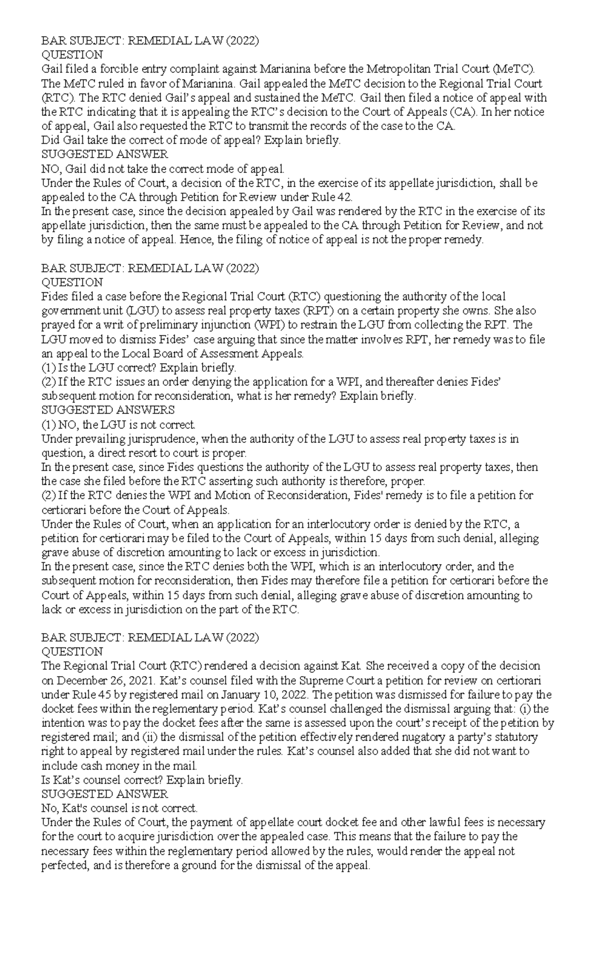 Compilation of BAR Exam Questions and Suggested Answers (2022) - Studocu