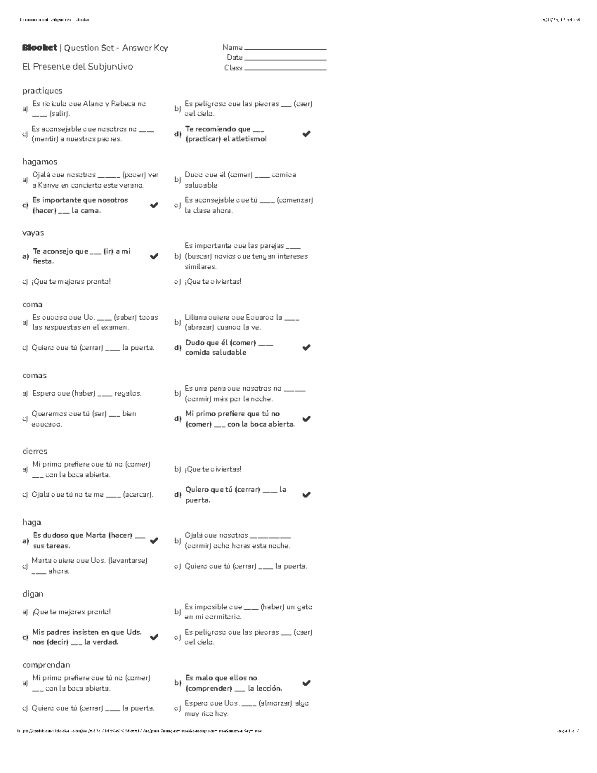 El Presente del Subjuntivo - Ejercicios y Respuestas Blooket 12:54 PM ...