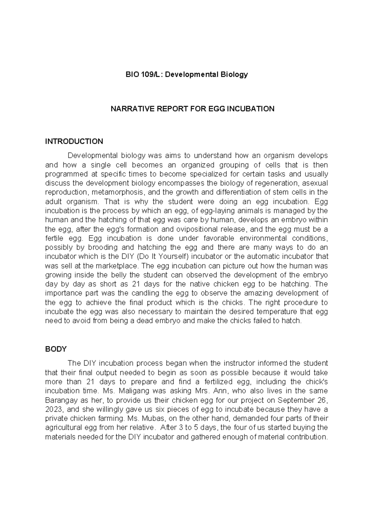 BIO 109/L Final Report on Egg Incubation Process and Outcomes - Studocu