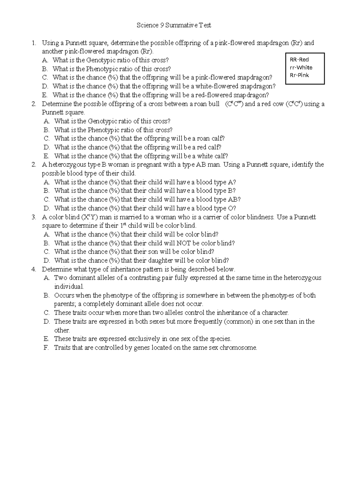Science 9 Q1 Summative Test 2: Practice on Punnett Squares - Studocu
