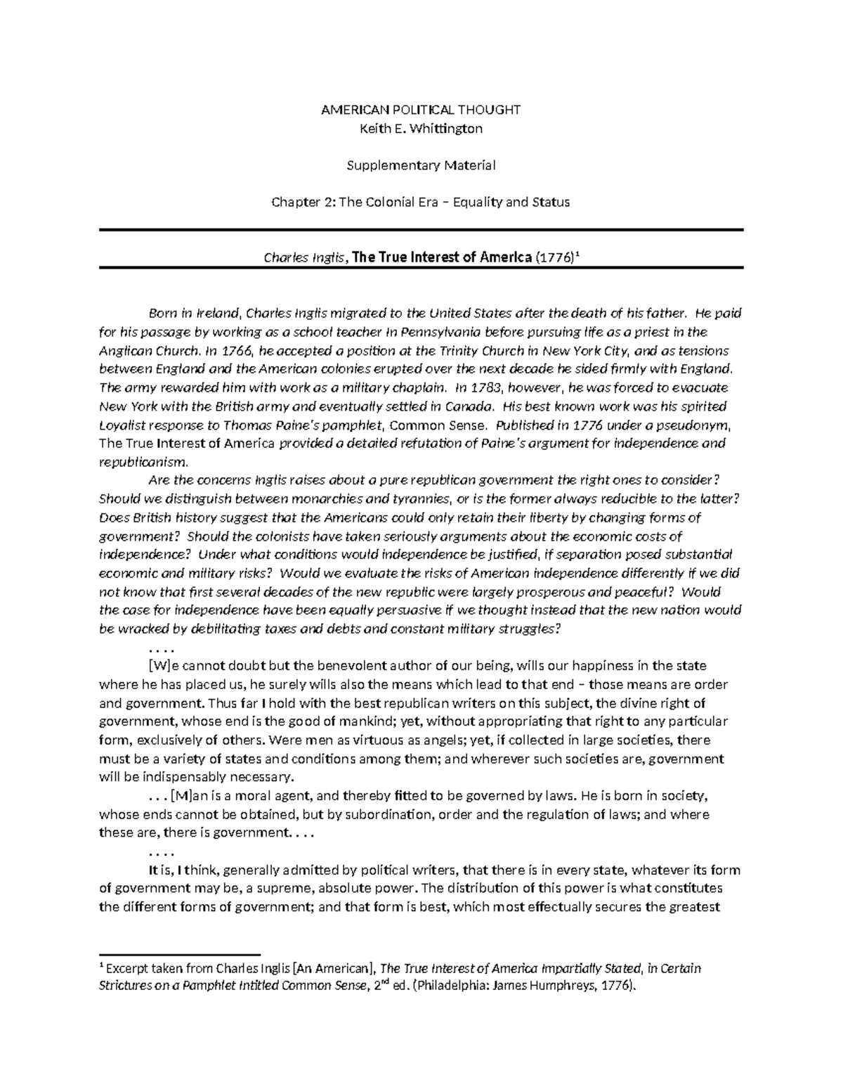 AMERICAN POLITICAL THOUGHT (APOL 101) Chapter 2: The Colonial Era ...