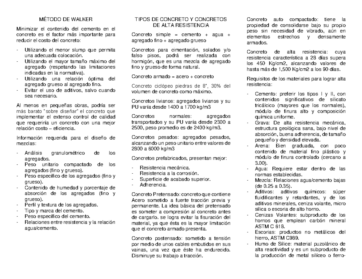 MÉTODO WALKER Y TIPOS DE CONCRETO EN CIMENTACIONES Y MEZCLAS - Studocu