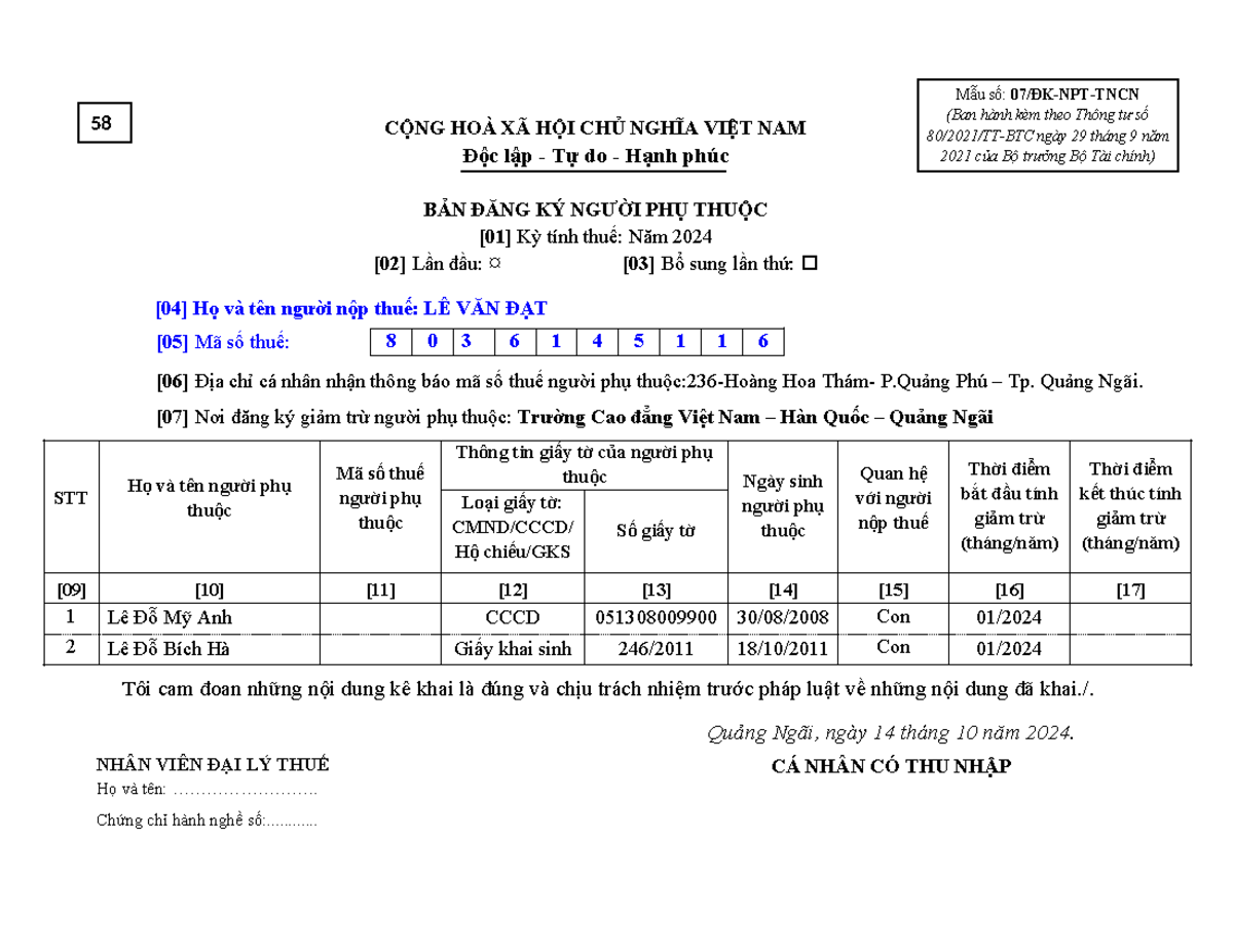 Bản Đăng Ký Người Phụ Thuộc - Lê Văn Đạt - Mẫu 07/ĐK-NPT-TNCN - Studocu