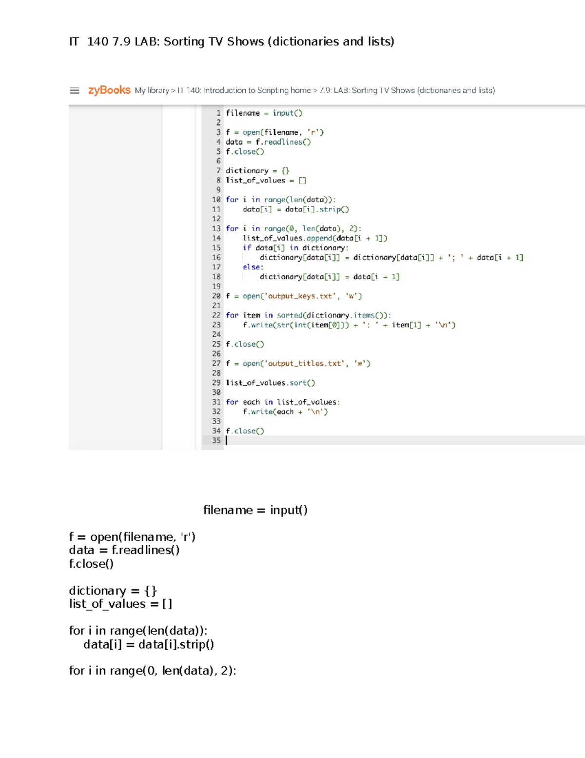 IT 140 7.9 LAB- Sorting TV Shows (dictionaries and lists) - IT140 - IT 140 7 LAB: Sorting TV ...