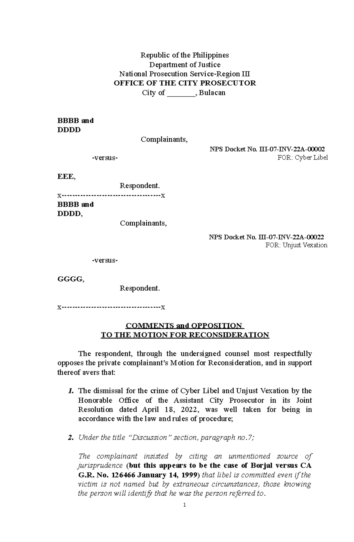 Comments and Opposition to Motion for Reconsideration - Case No. III-07 ...