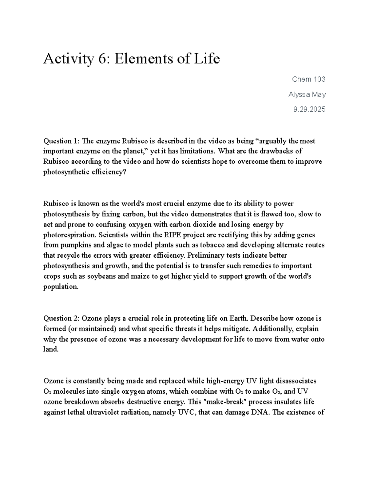 Activity 6: Elements of Life - Chem 103 Analysis & Insights - Studocu