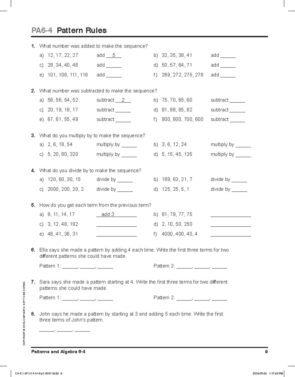 Grade 6 Patterns and Algebra Worksheets CA 6.1 AP U1 R1 - Studocu