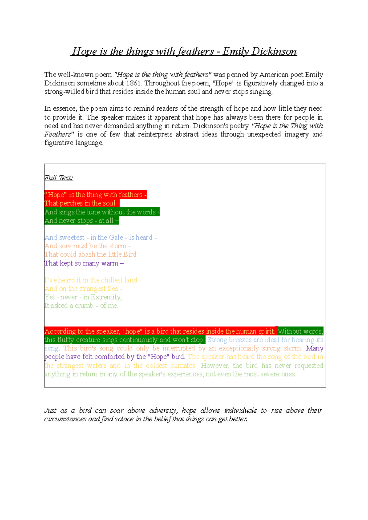 Emily Dickinson's "Hope is the Thing with Feathers": A Poetic Analysis ...