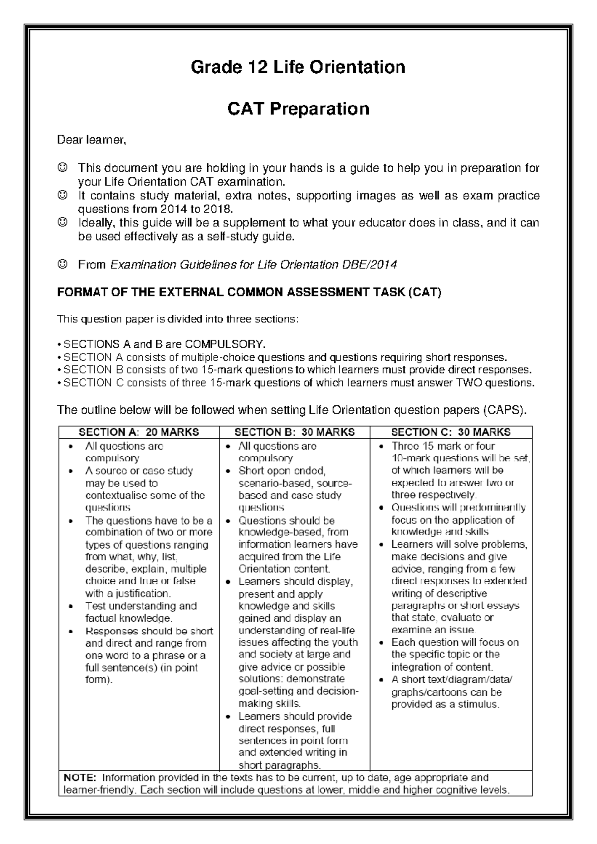 Grade 12 Life Orientation CAT Study Guide & Exam Prep Notes - Studocu