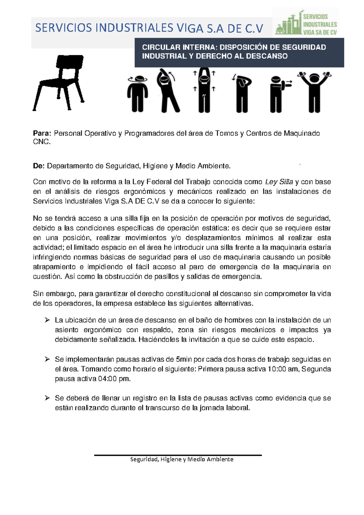 Circular Interna: Disposición de Seguridad y Pausas Activas en VIGA S.A ...