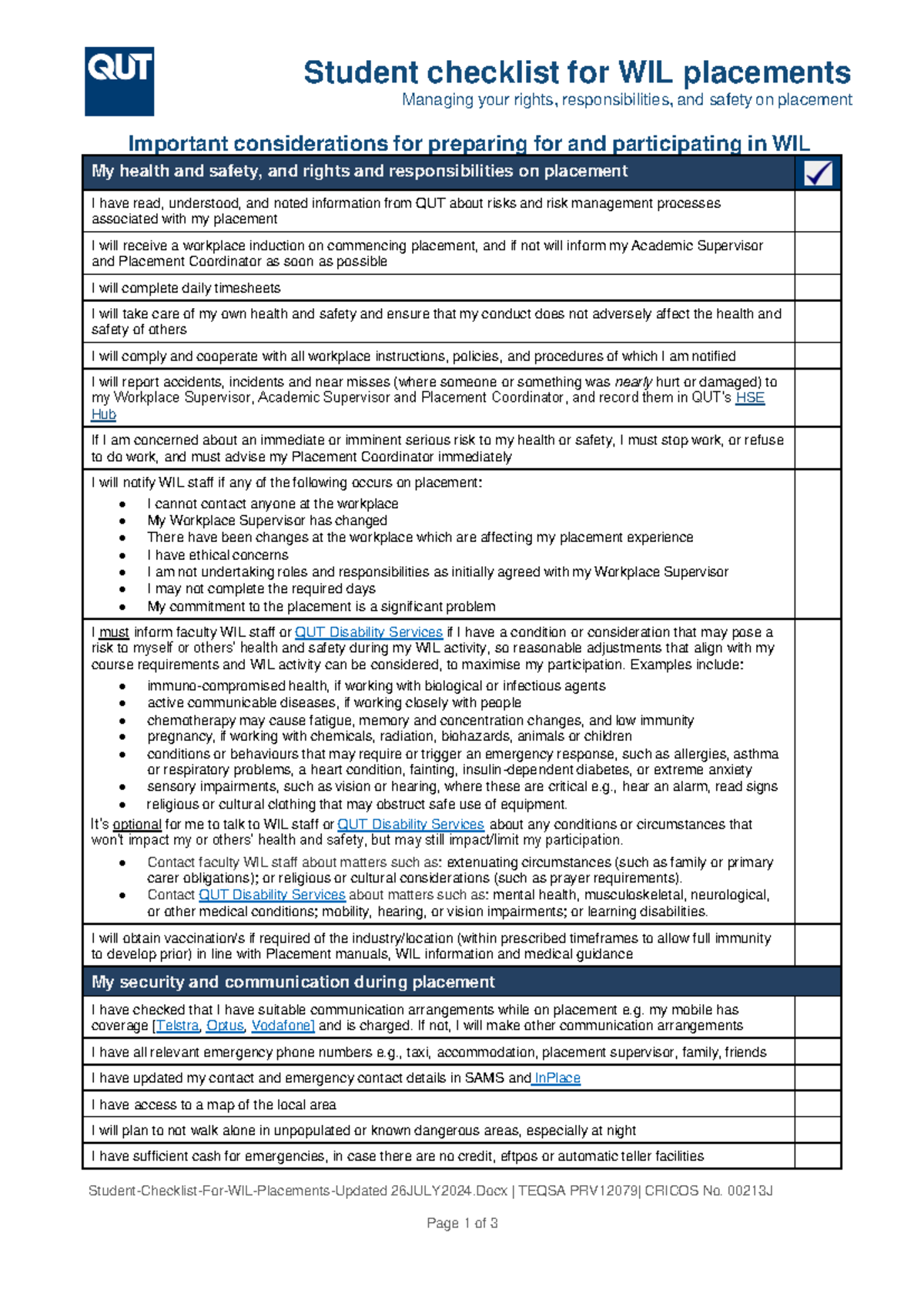 WIL Placement Checklist: Rights, Responsibilities & Safety Guidelines ...