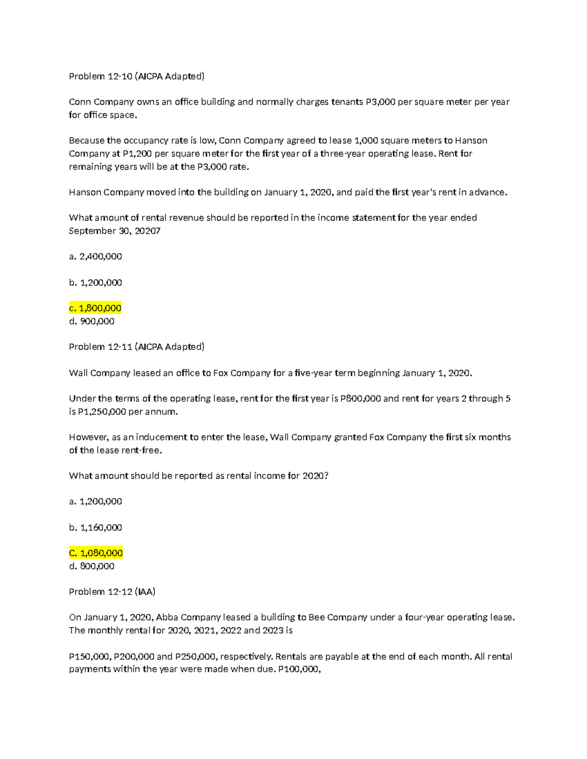 IA2 word ch 1 2 1 6 - Problem-Solving - Problem 12-10 (AICPA Adapted) Conn Company owns an ...