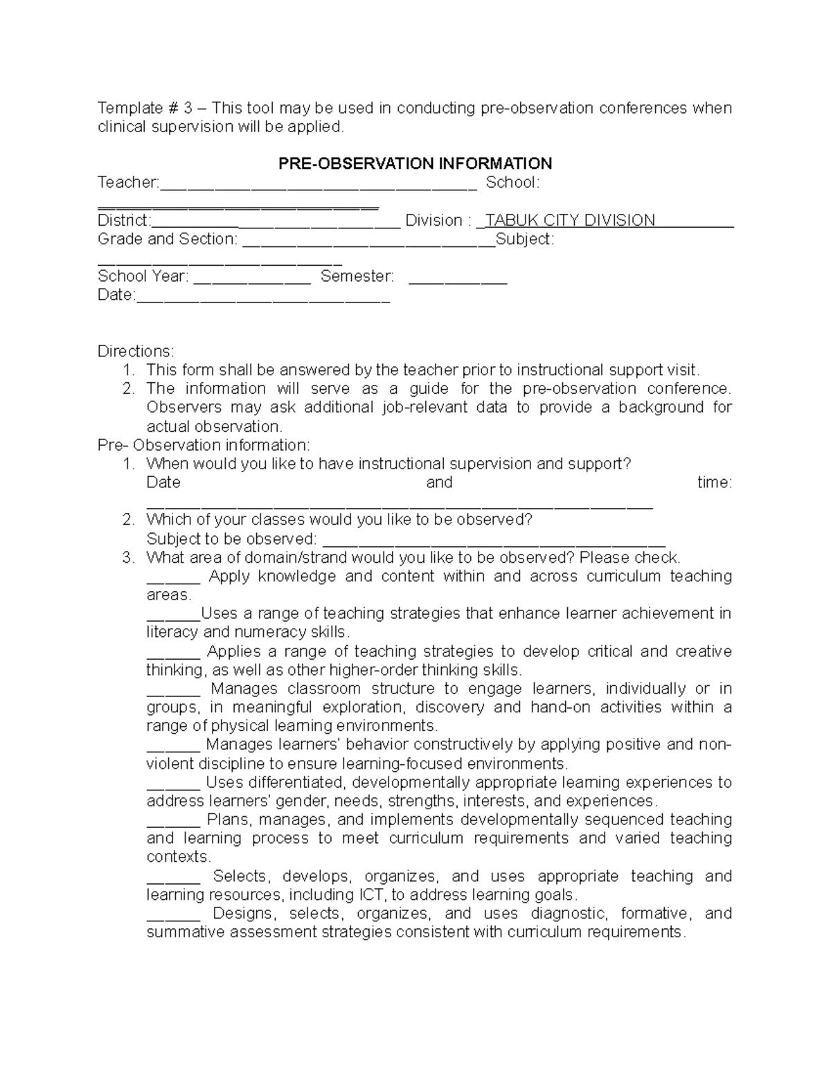 Pre-Observation Conference Form for Instructional Support - Studocu