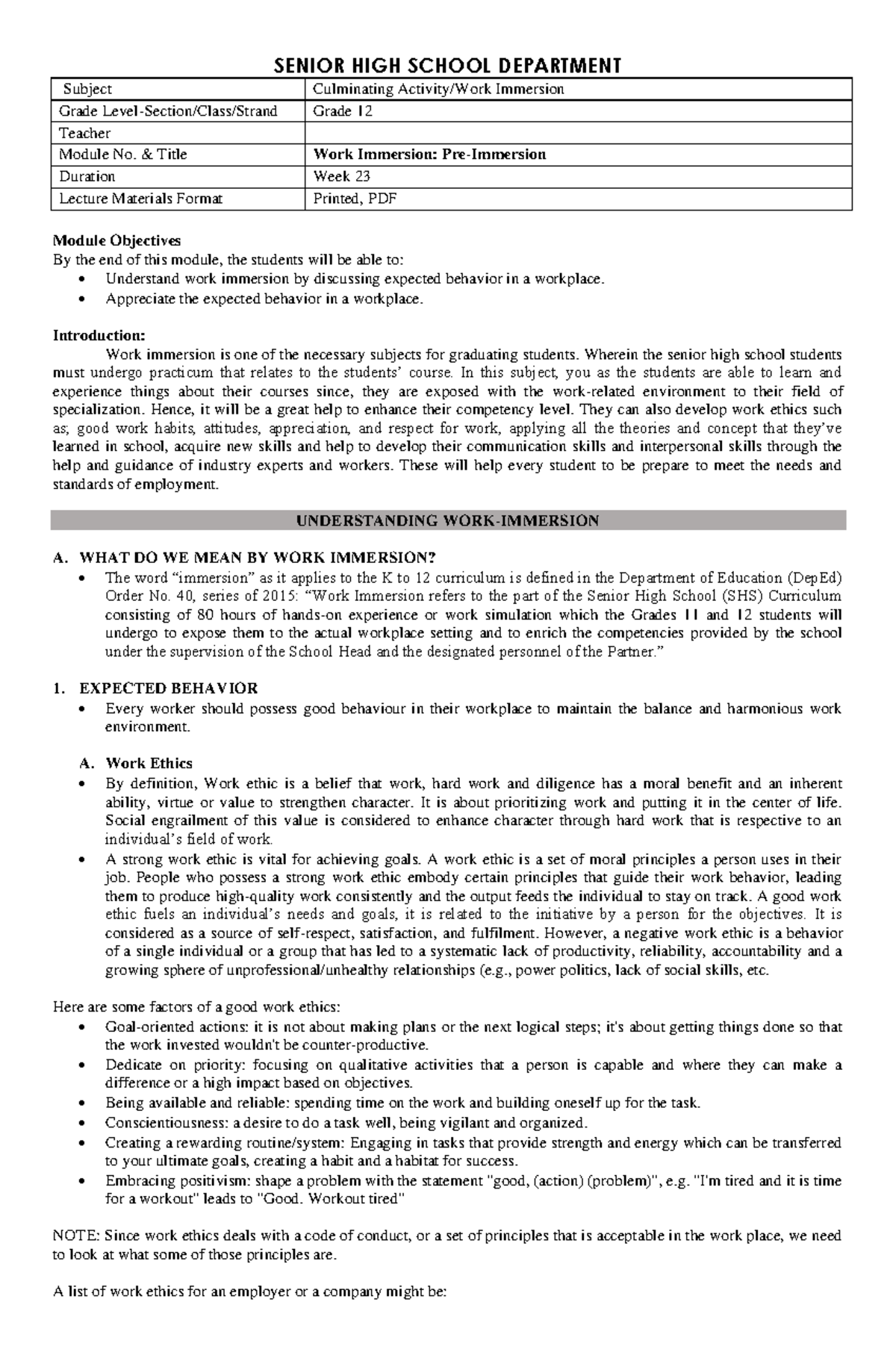 Work Immersion Culminating Activity - Module 3 Guidance for Grade 12 ...