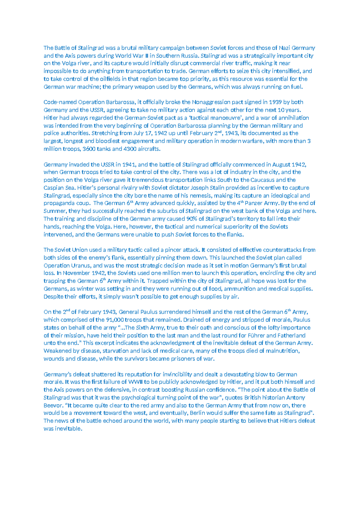 Battle of Stalingrad (WWII) - Practice Essay Notes for Analysis - Studocu