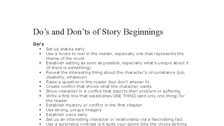 Dos and Don'ts of Story Beginnings: Tips for Engaging Readers - Studocu