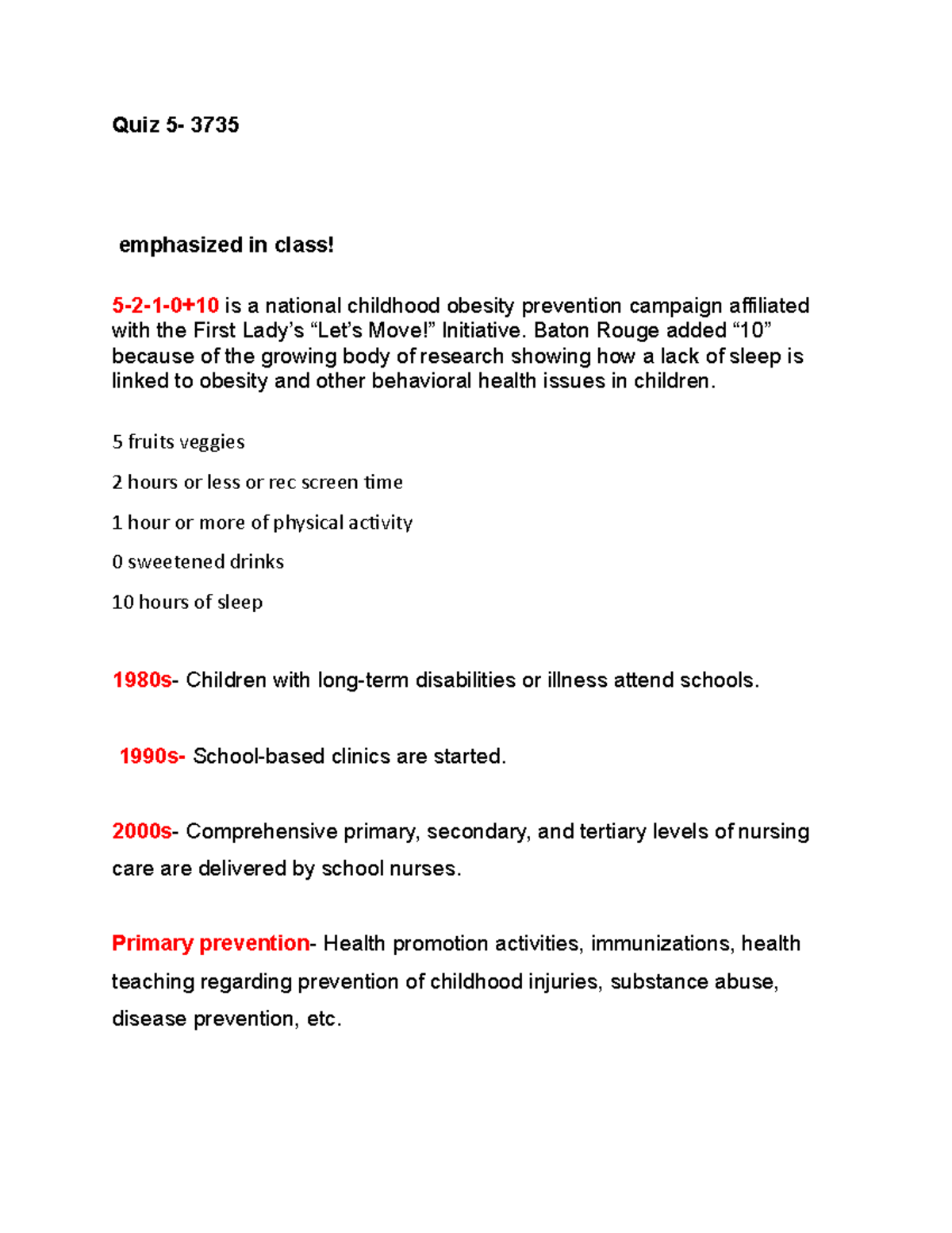 Quiz 5 - Childhood Obesity Prevention & School Nurse Roles - Studocu