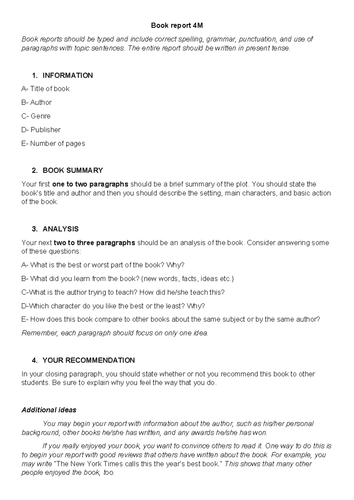 Book Report Guidelines for 4M: Structure & Analysis Tips - Studeersnel