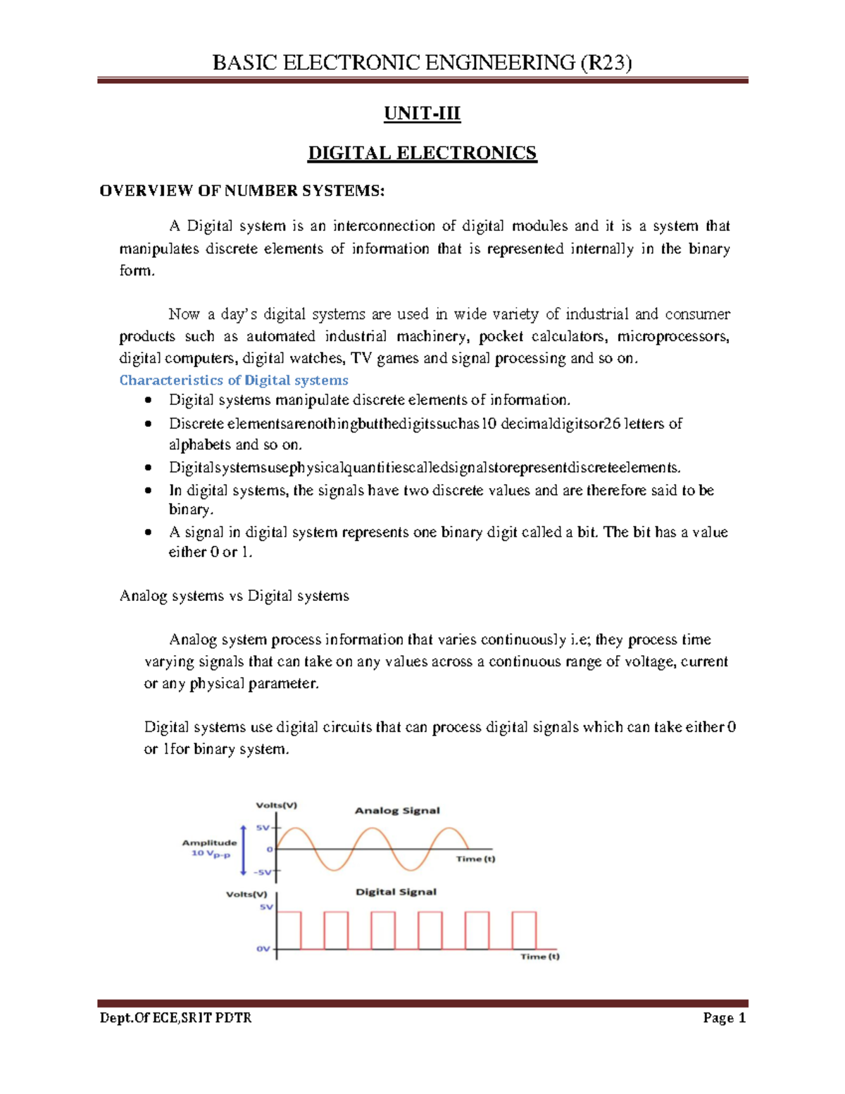 BEEE R23 Unit 3: Digital Electronics and Number Systems Overview - Studocu