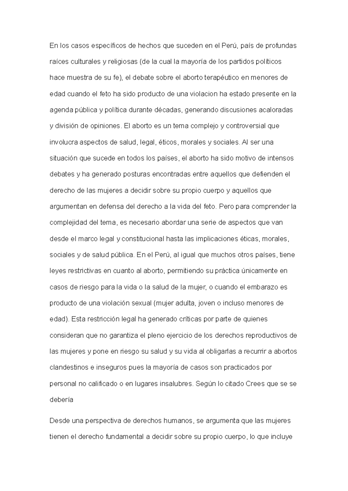 Aborto Terapéutico en el Perú: Debates y Argumentos Clave - Studocu