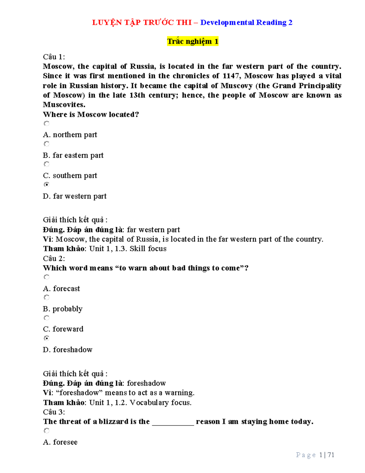 LUYỆN TẬP TRƯỚC THI - Đọc Hiểu Phát Triển 2 (Developmental Reading 2) - Studocu