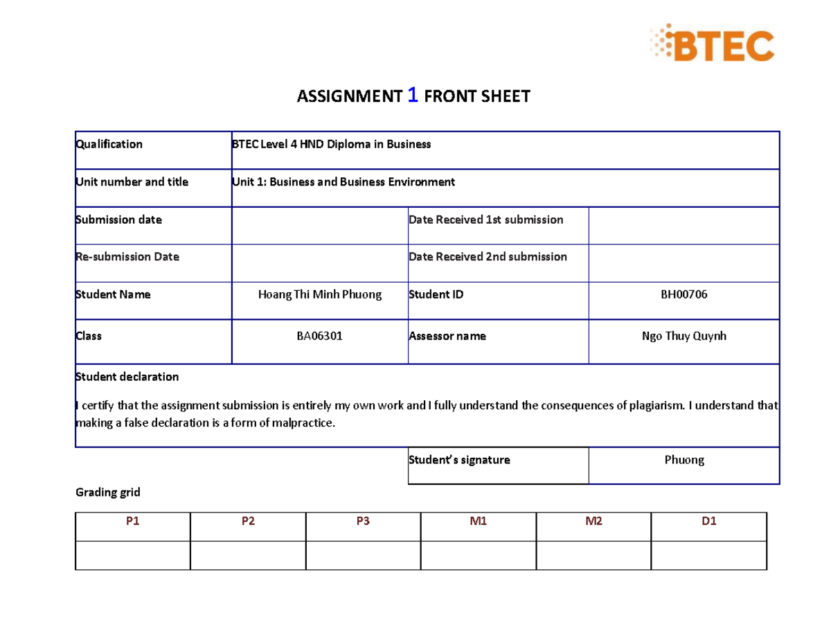Assignment MPP 1st - bb;knnk - ASSIGNMENT 1 FRONT SHEET Qualification BTEC Level 4 HND Diploma ...