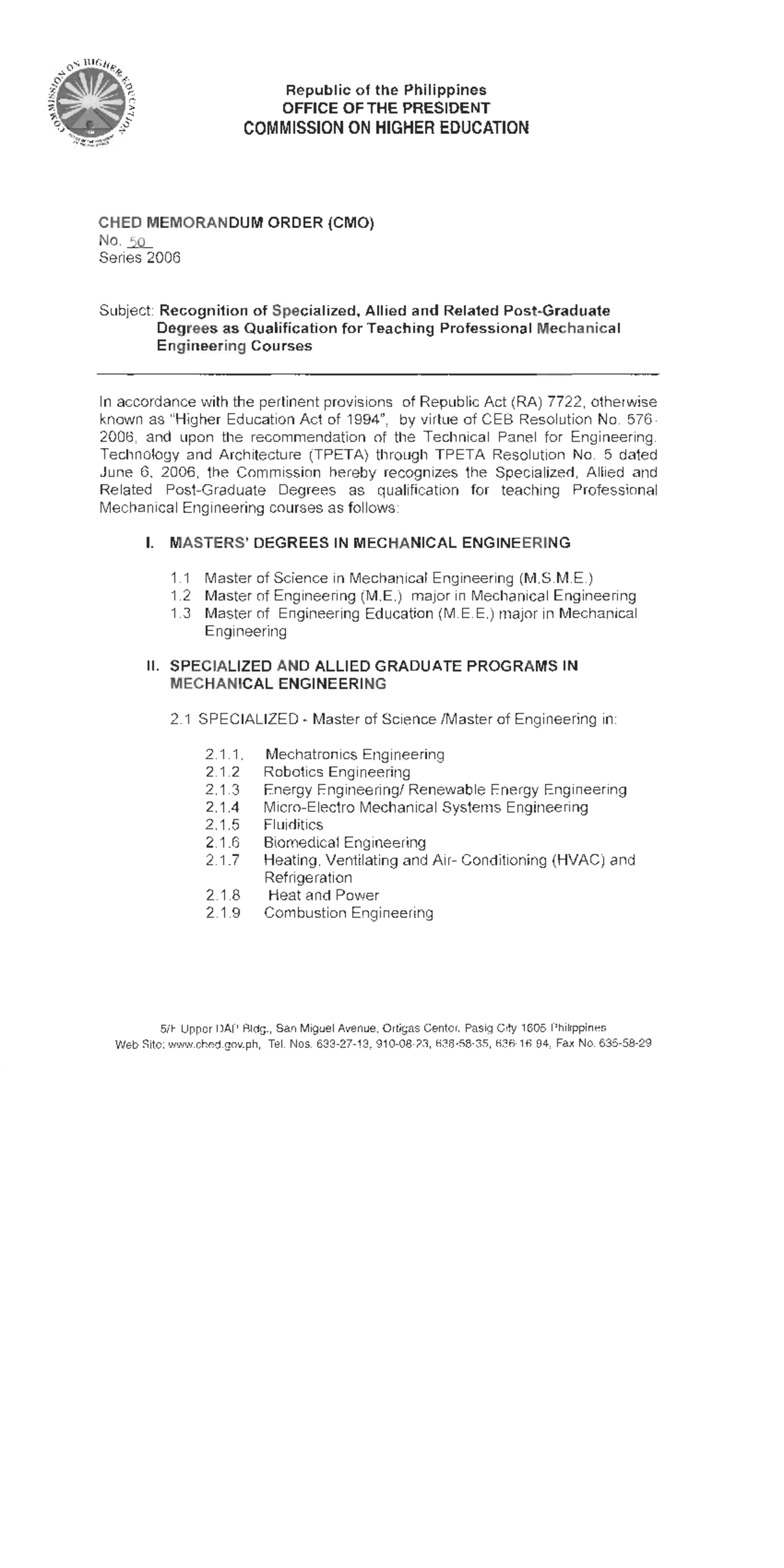 CHED CMO No. 50 S. 2006: BSME Teaching Qualifications - Studocu