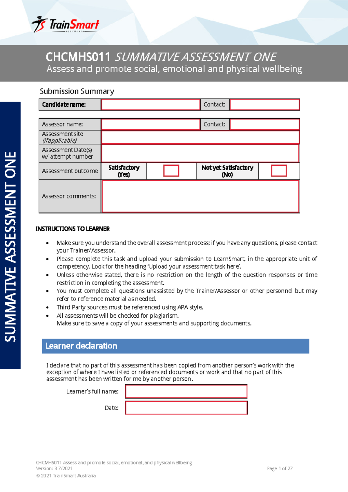 CHCMHS011 Summative Assessment One: Social & Emotional Wellbeing - Studocu