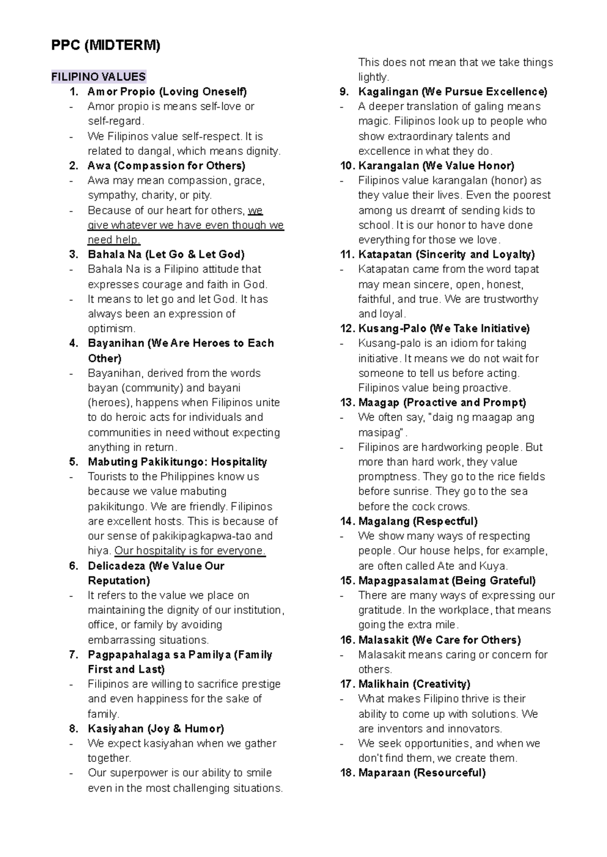 PPC Midterm Study Notes: Filipino Values & Folk Songs Overview - Studocu