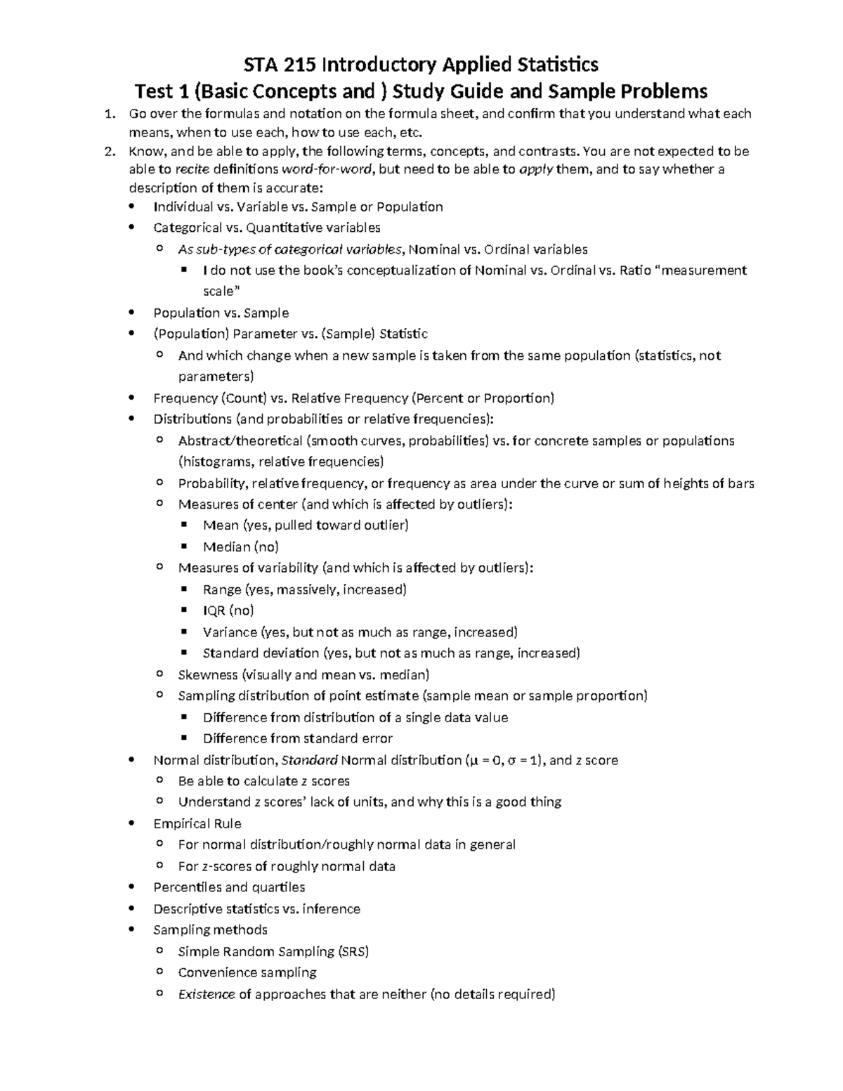 STA 215 Introductory Applied Statistics Test 1 Study Guide & Problems ...