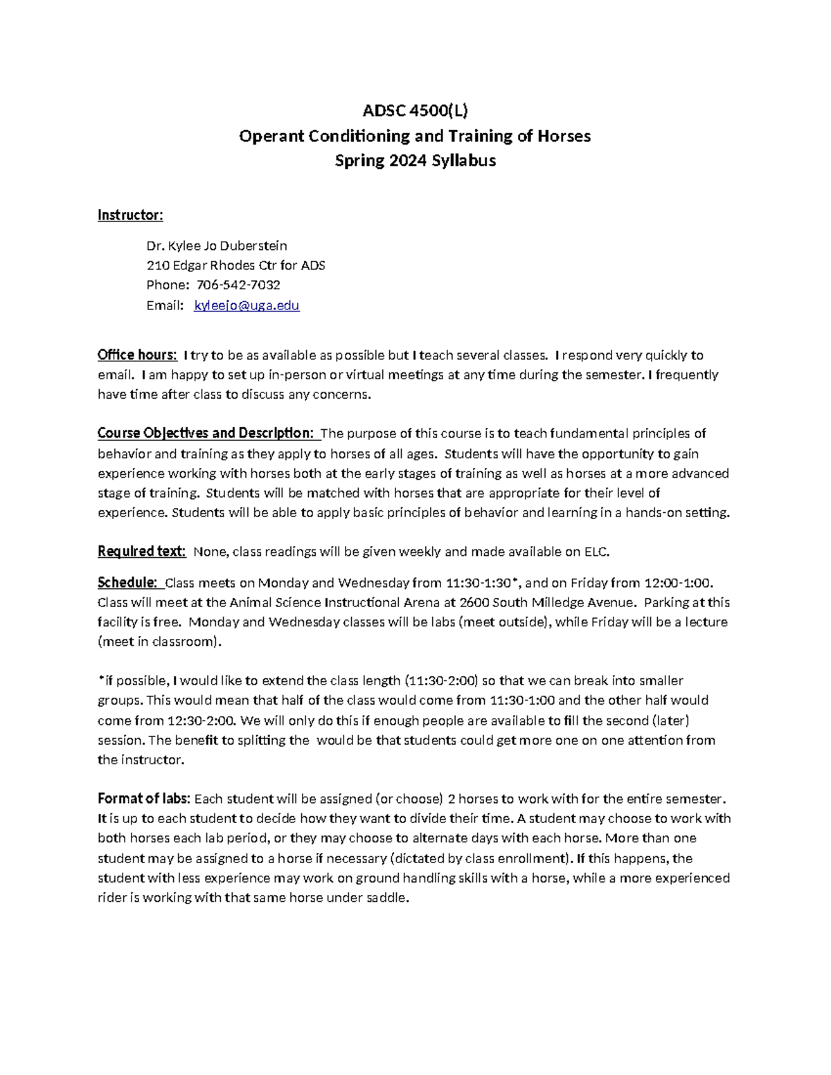 ADSC 4500: Operant Conditioning & Horse Training Syllabus Spring 2024 ...