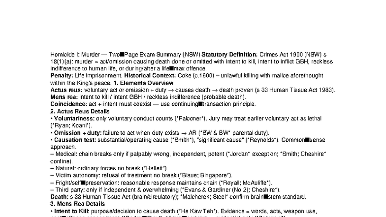 Homicide I: Murder Exam Cheat Sheet (NSW) - Key Elements & Cases - Studocu
