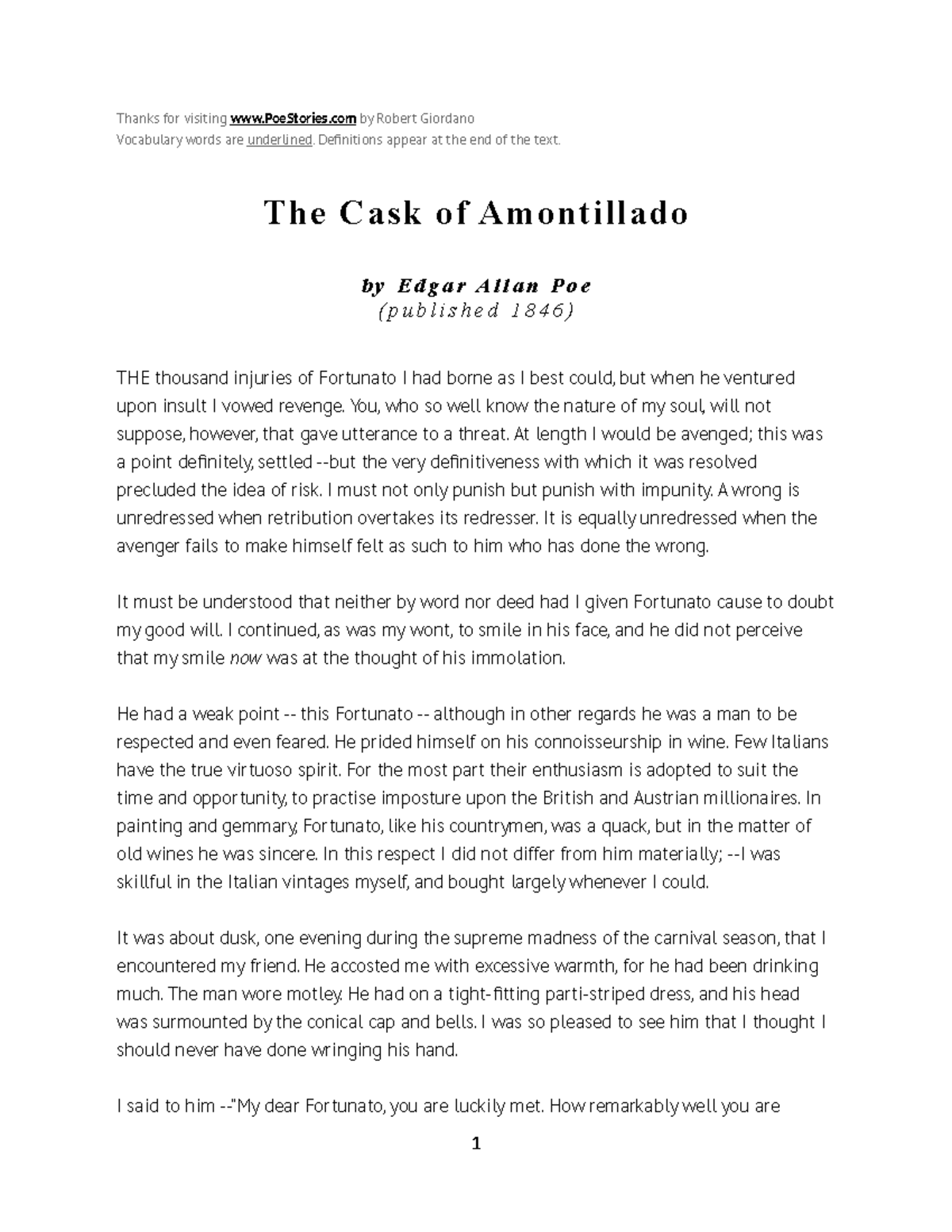 Poe's The Cask of Amontillado: Vocabulary & Definitions - Studocu