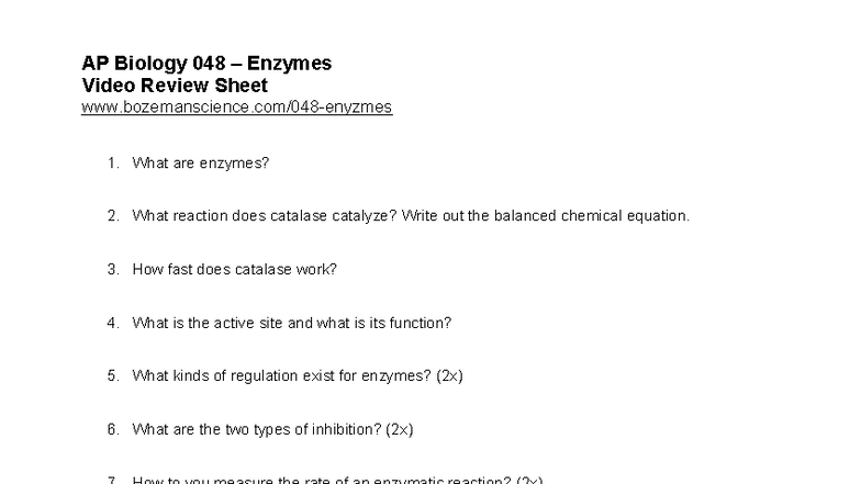AP Biology 048 Enzymes Review Worksheet - Studocu