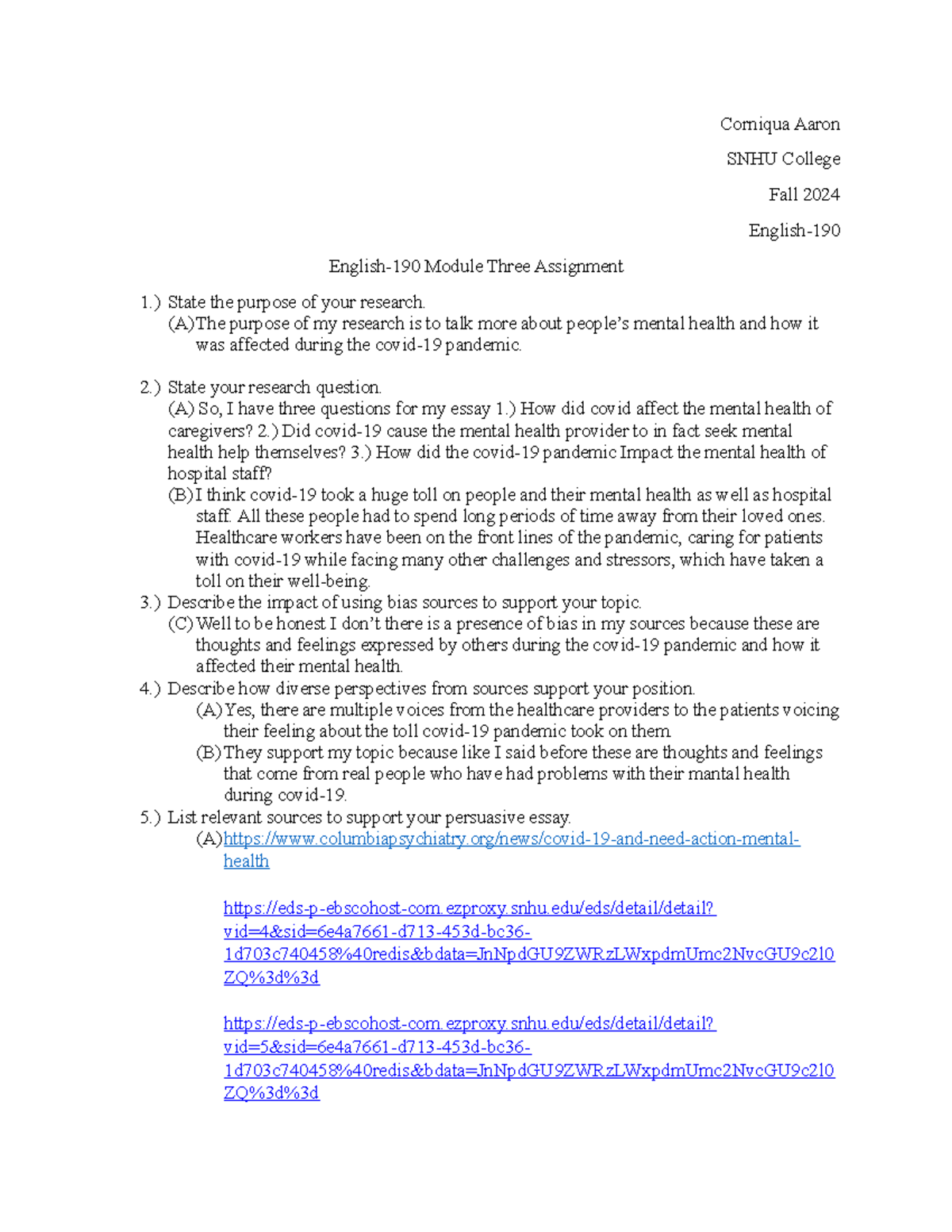 ENG 190 Module Three Research on Mental Health Impact of COVID-19 - Studocu