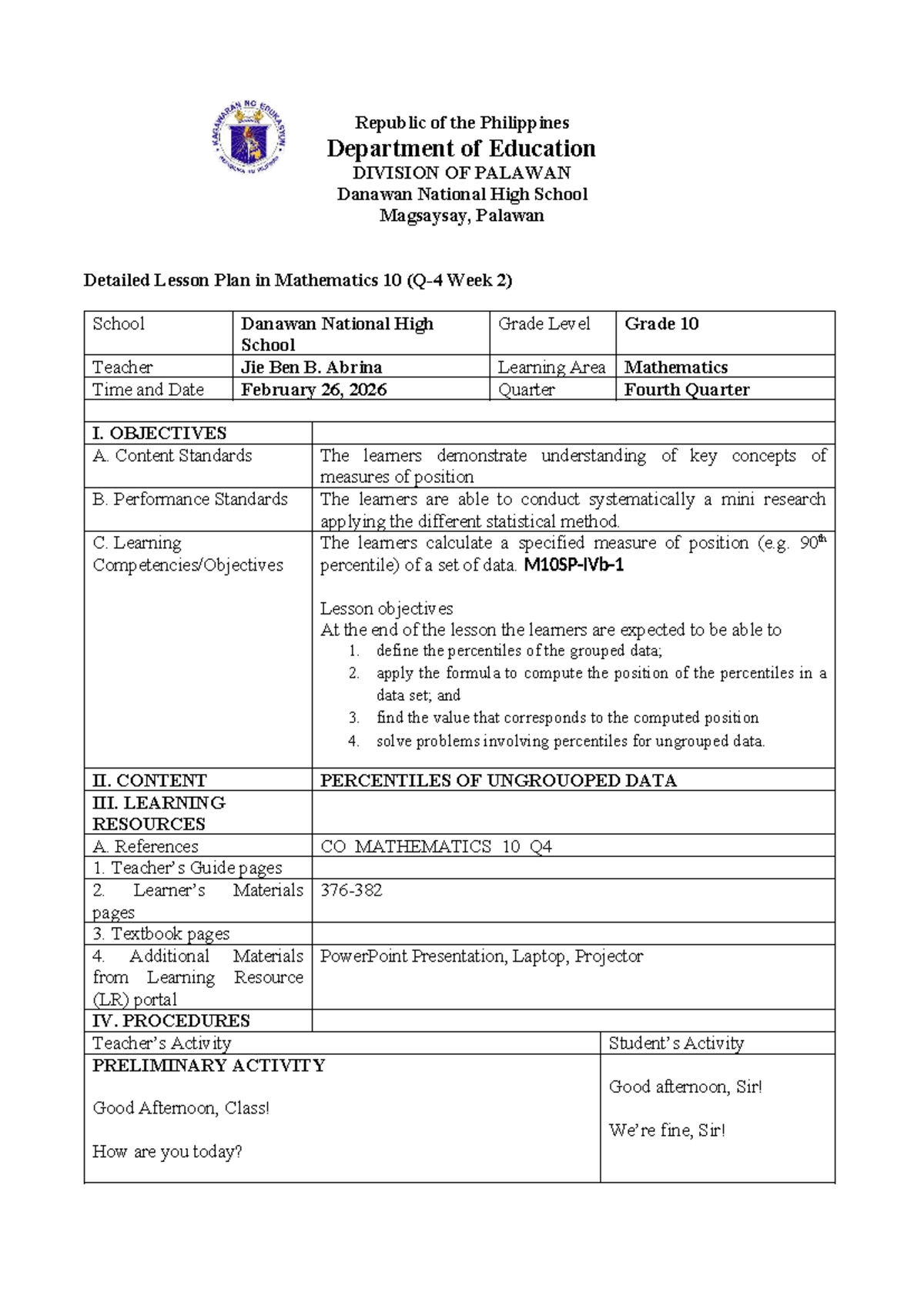 Mathematics 10 Detailed Lesson Plan: Percentiles for Ungrouped Data ...