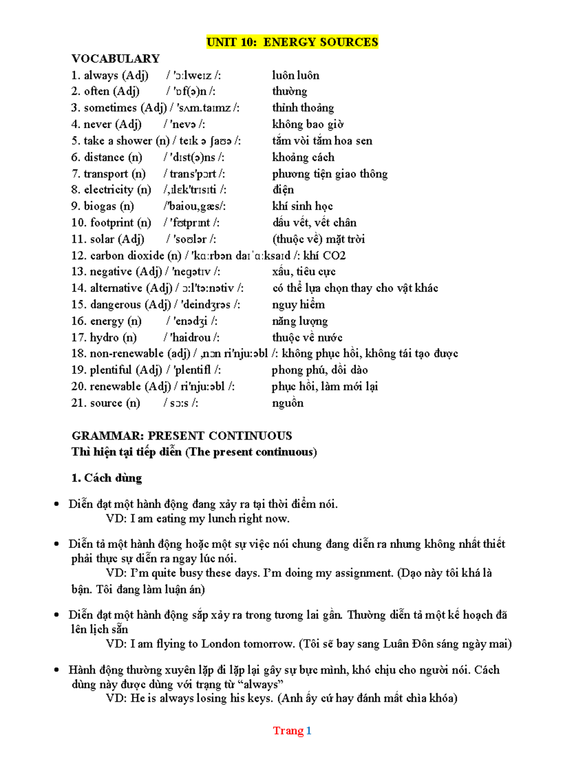 UNIT 10: ENERGY SOURCES - Vocabulary & Grammar Review - Studocu