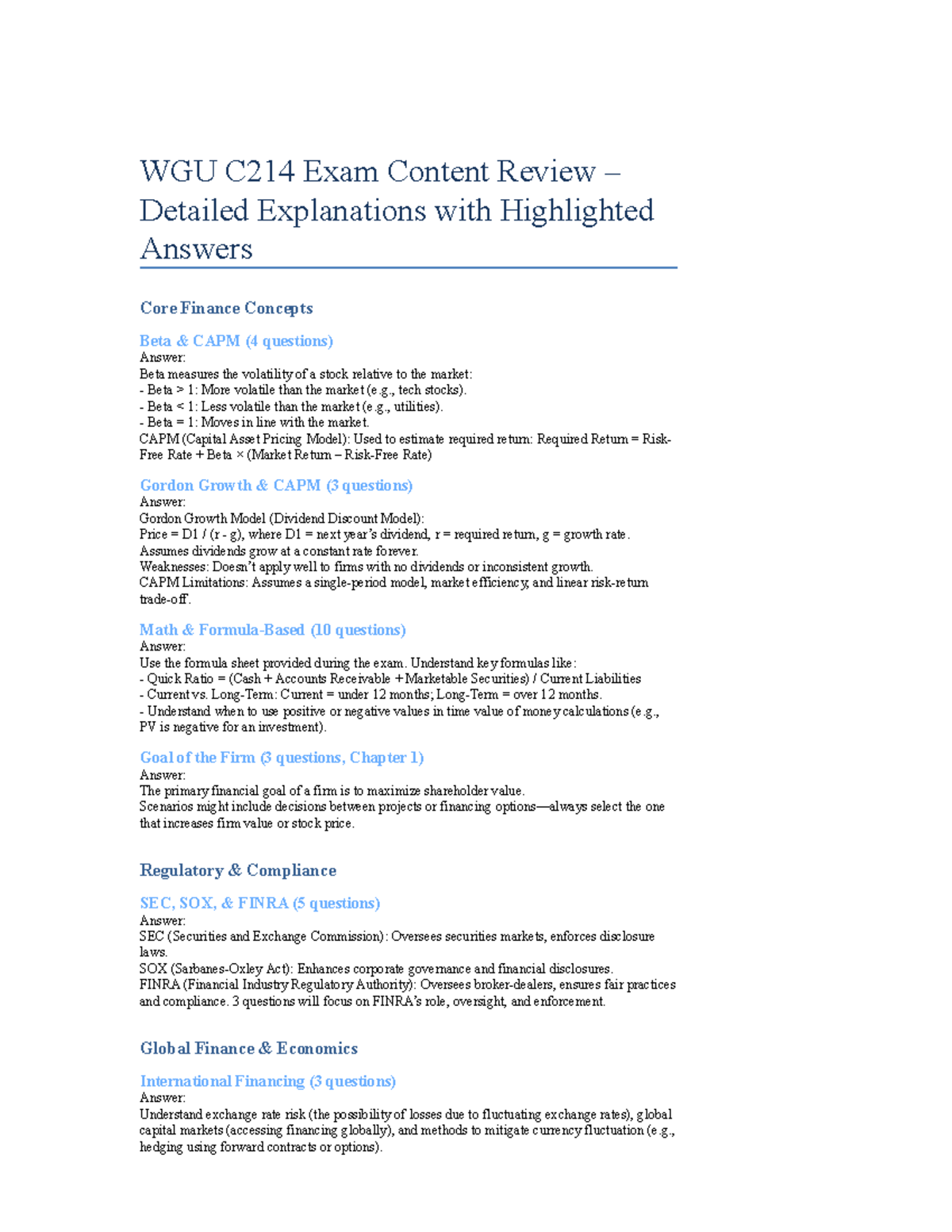 WGU C214 Final Exam Review: Core Finance Concepts & Key Formulas - Studocu