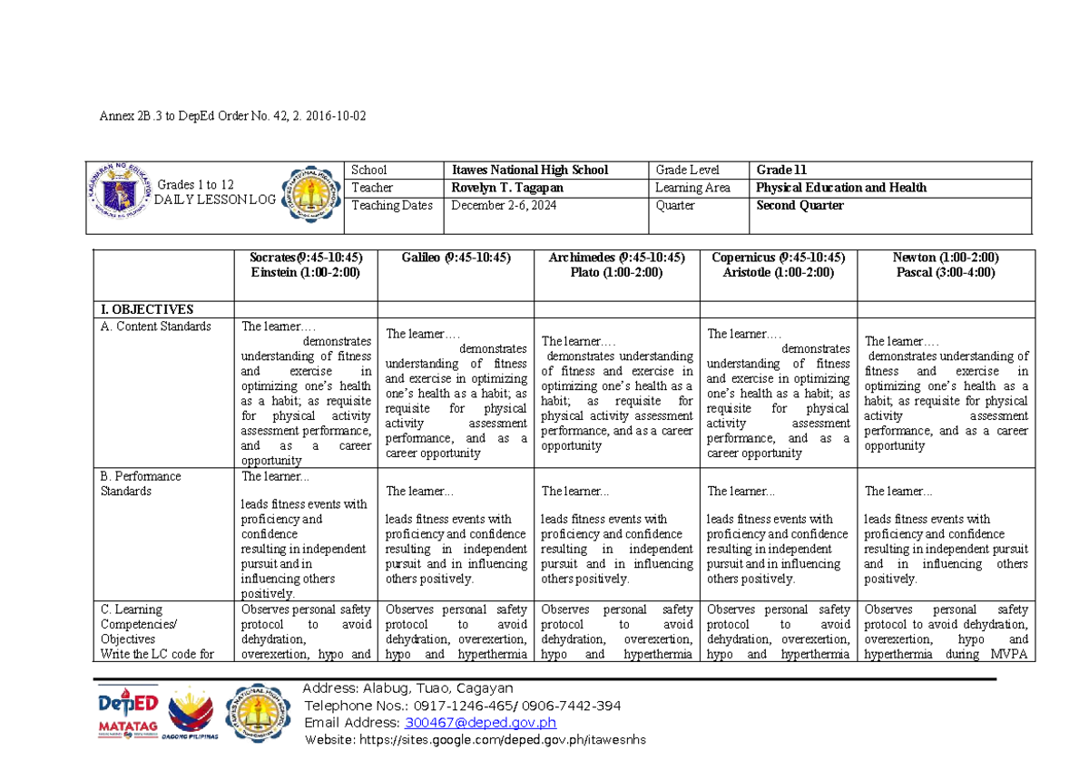 Grade 11 PE & Health Daily Lesson Log: Fitness & Safety Protocols - Studocu