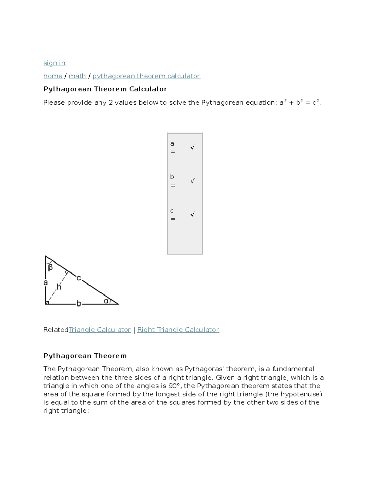 Pythagorean - a = √ b √ c √ RelatedTriangle Calculator | Right Triangle ...