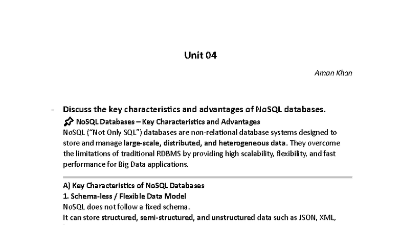 Unit 04 - Key Characteristics & Advantages of NoSQL Databases - Studocu