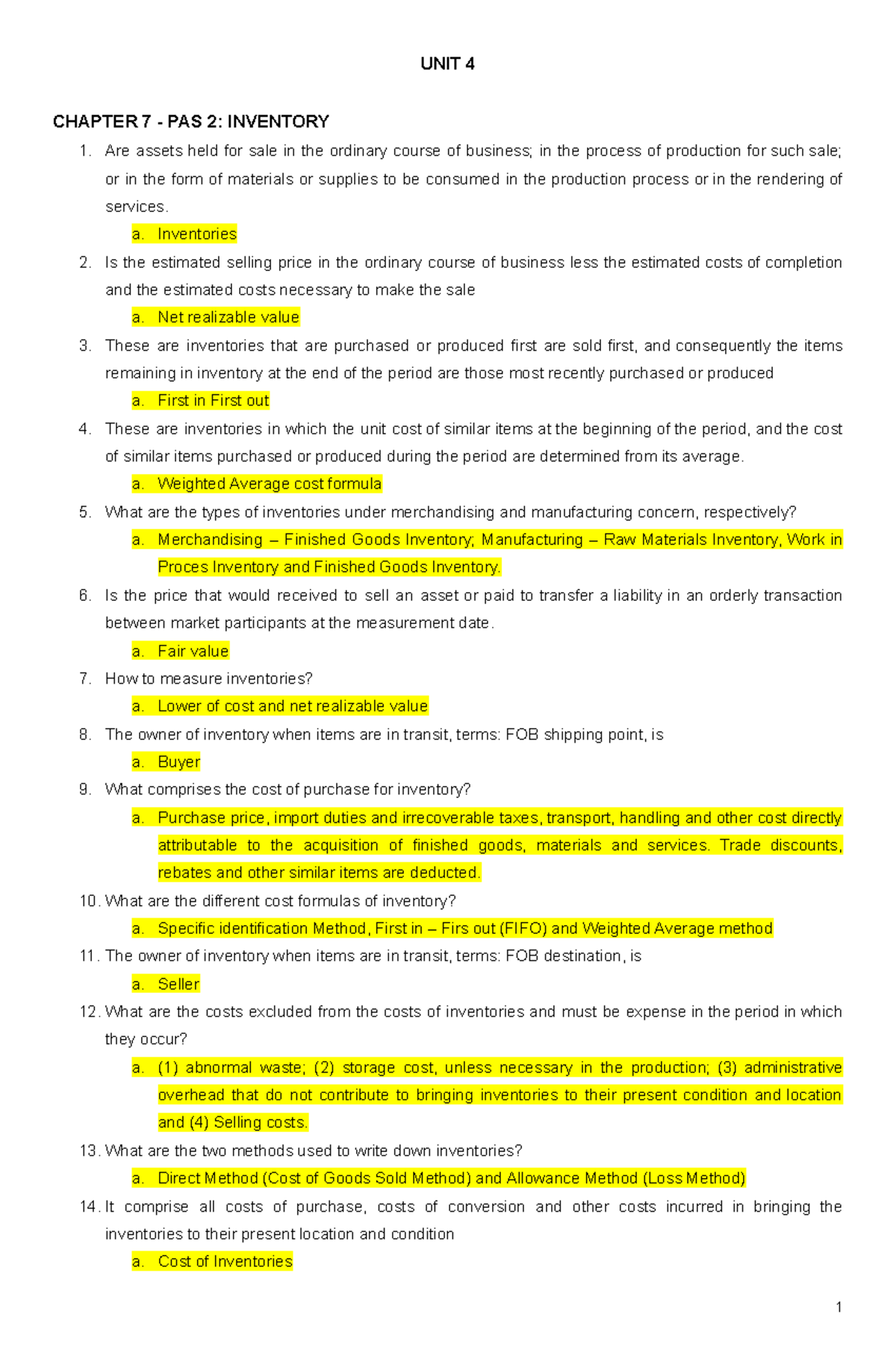 CFAS UNIT 4: CHAPTER 7-12 INVENTORY, ASSETS, AND ACCOUNTING PRINCIPLES ...