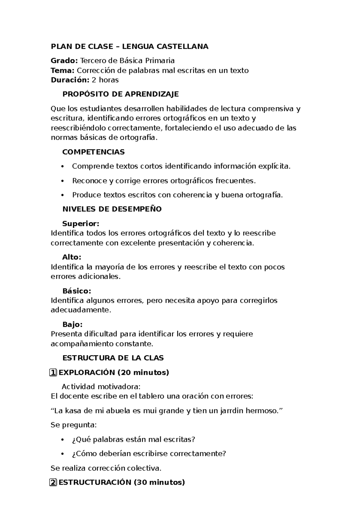 PLAN DE CLASE LENGUA CASTELLANA: USO DE LA B Y V en Tercero de Básica ...