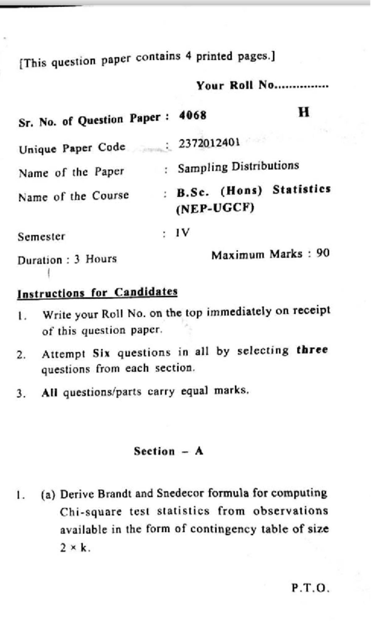 B.Sc. (Hons) Statistics IV Sem: Sampling Distributions Question Paper ...