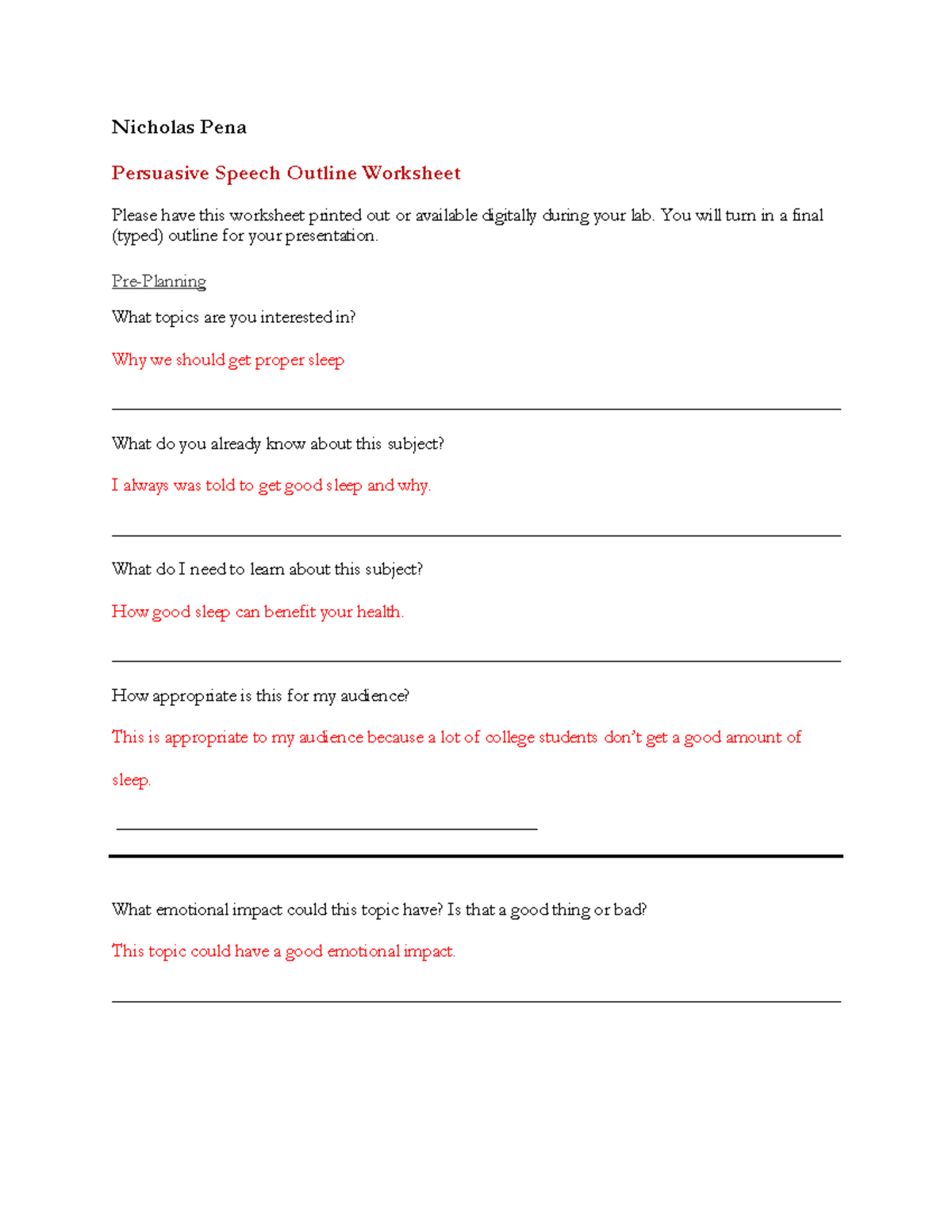 Persuasive Speech Outline Worksheet - Nicholas Pena Persuasive Speech ...