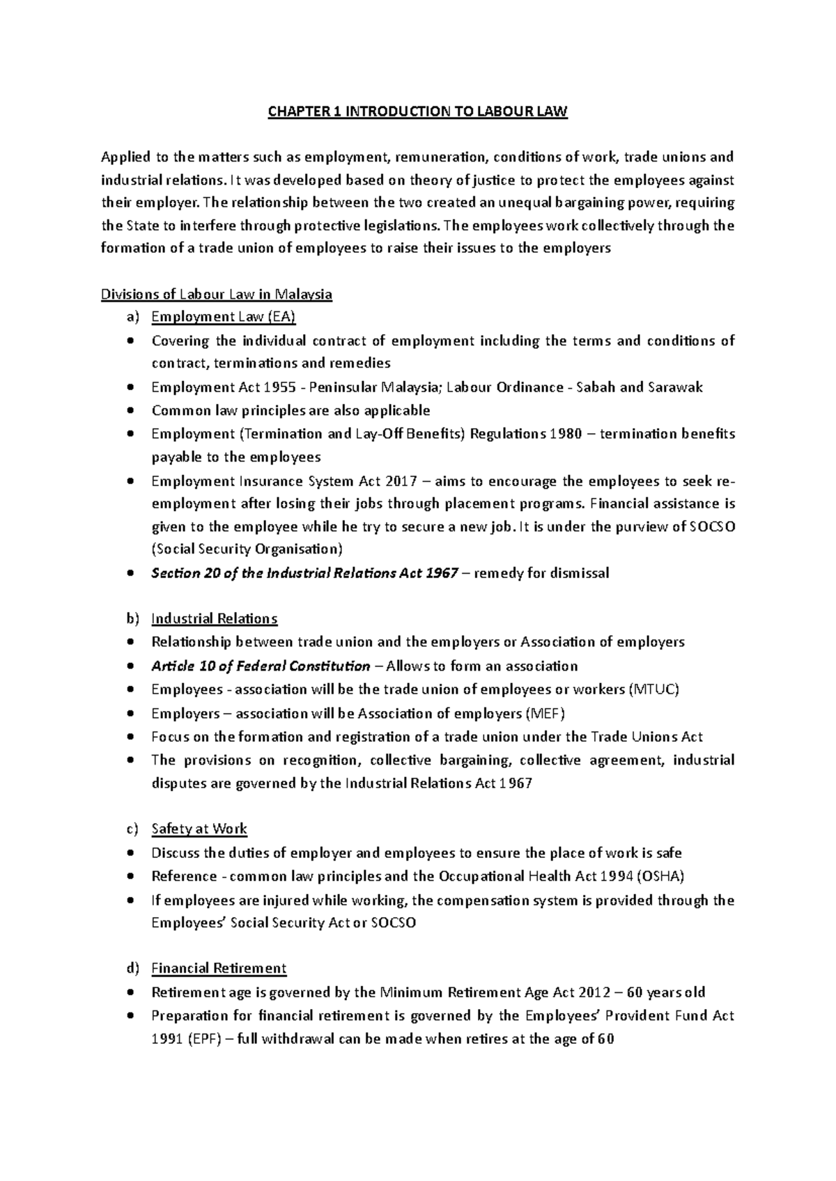CHAPTER 1 INTRODUCTION TO LABOUR LAW - Notes on Employment & Rights ...
