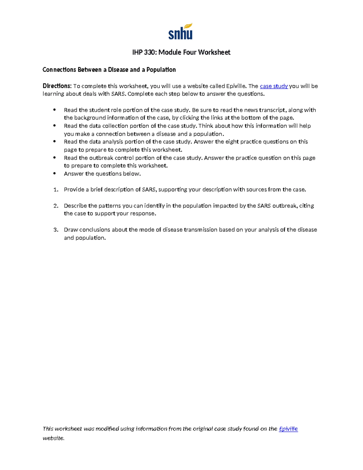 IHP 330 Module Four Worksheet: Disease-Population Connections Analysis ...