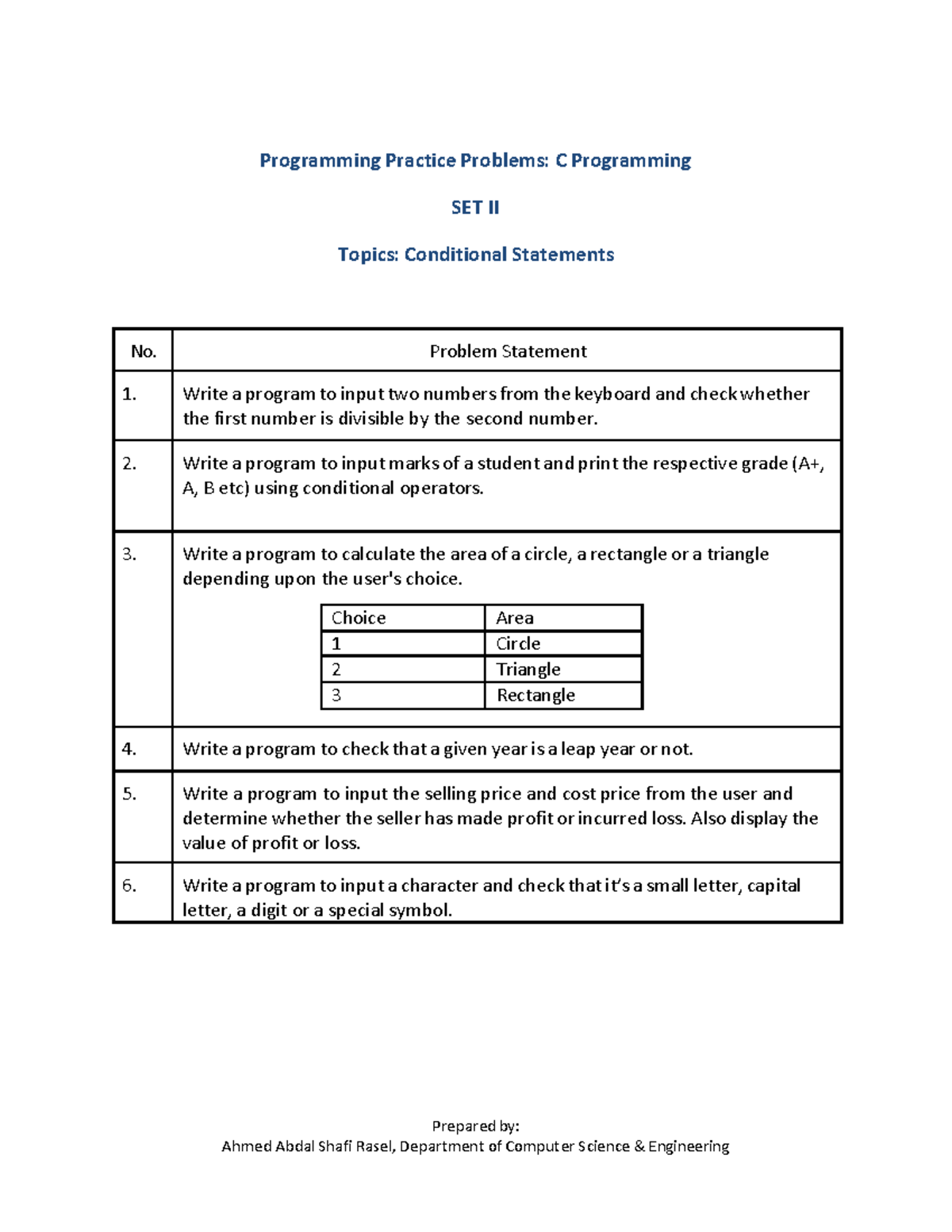 Practice Problems: C Programming SET II - CSE 103 - Studocu