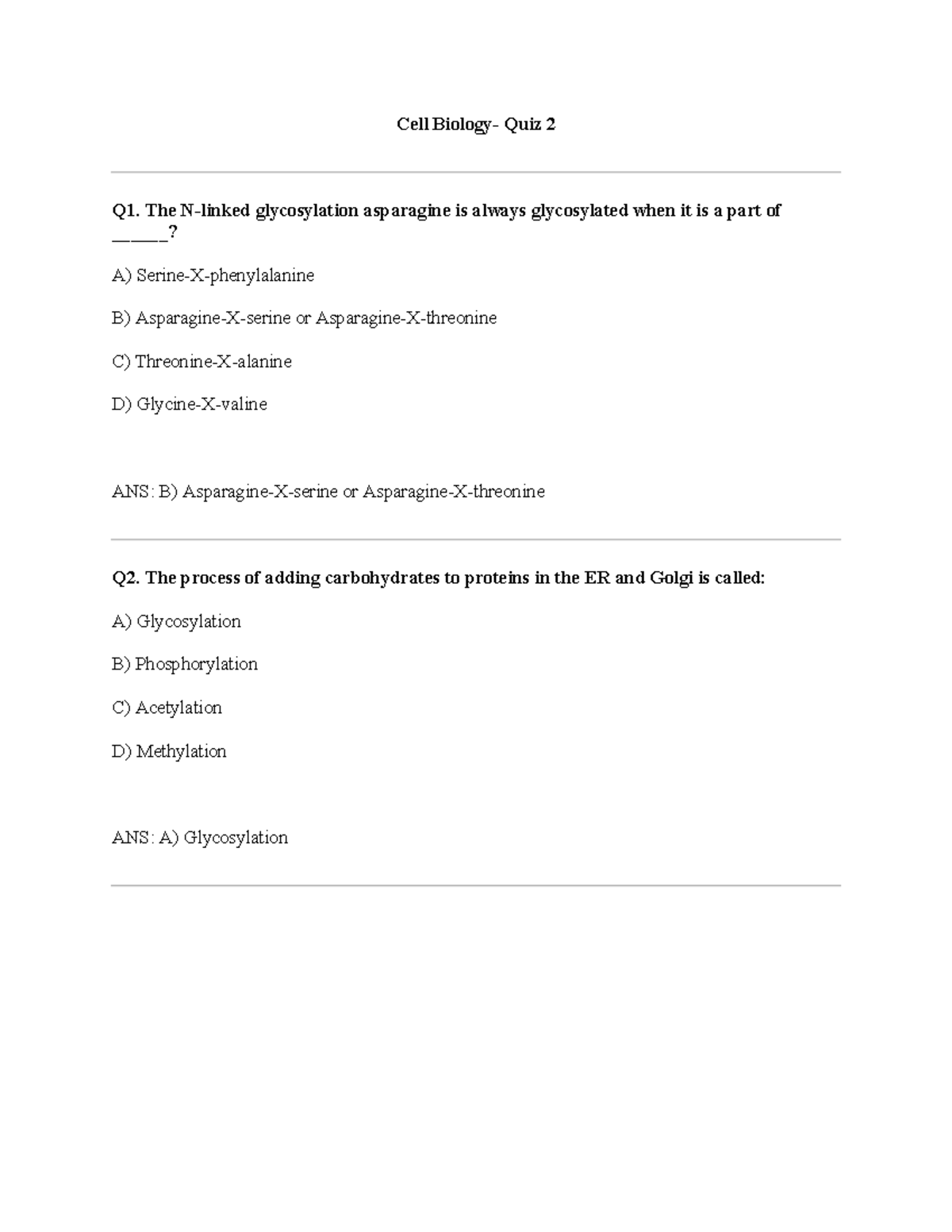 Cell Biology - Quiz 2 Practice Questions and Answers - Studocu